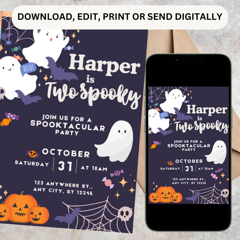 Editable Two Spooky Birthday Invitation, Halloween Second Birthday ...