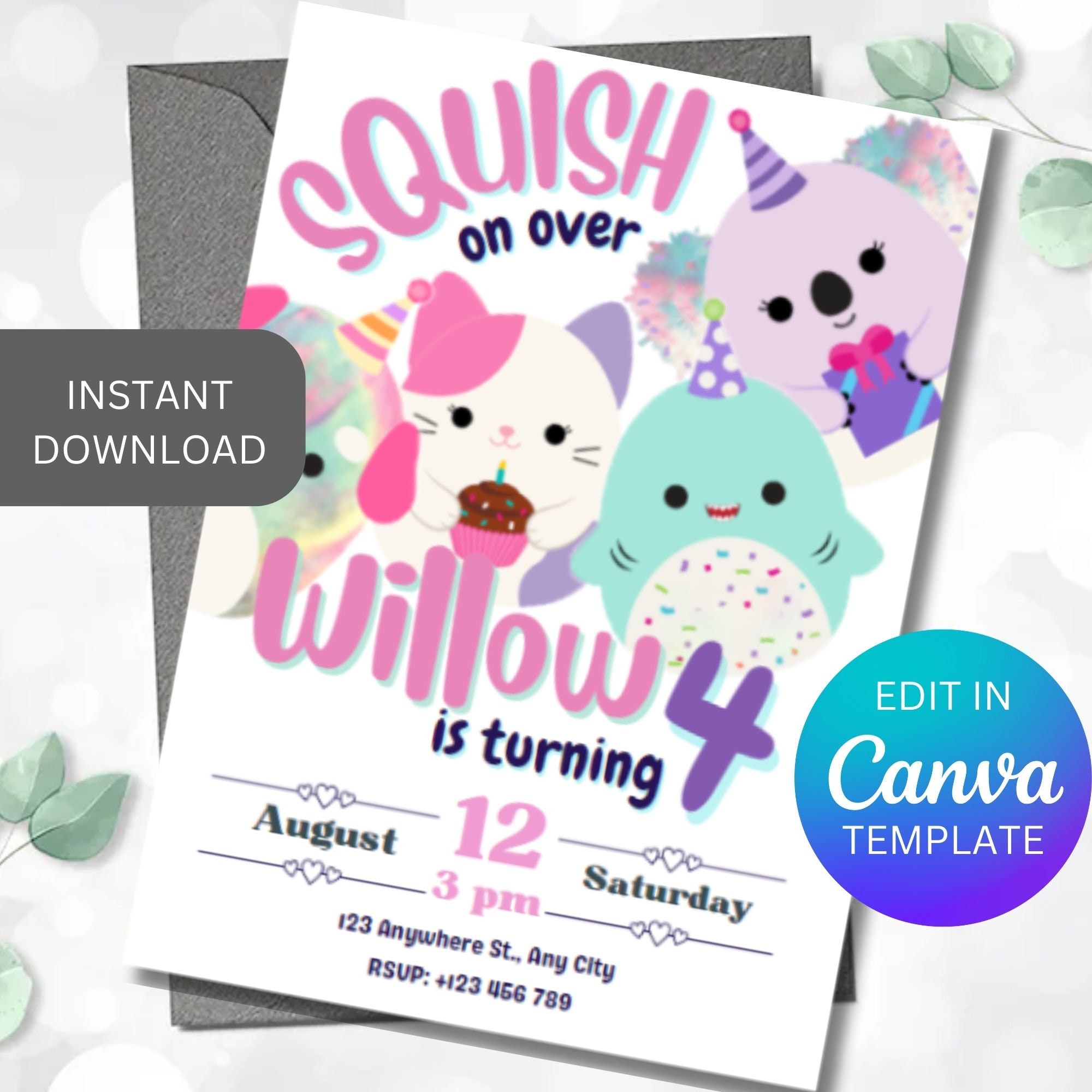 Squishmallows Birthday Invitation Editable Template - Customizable ...
