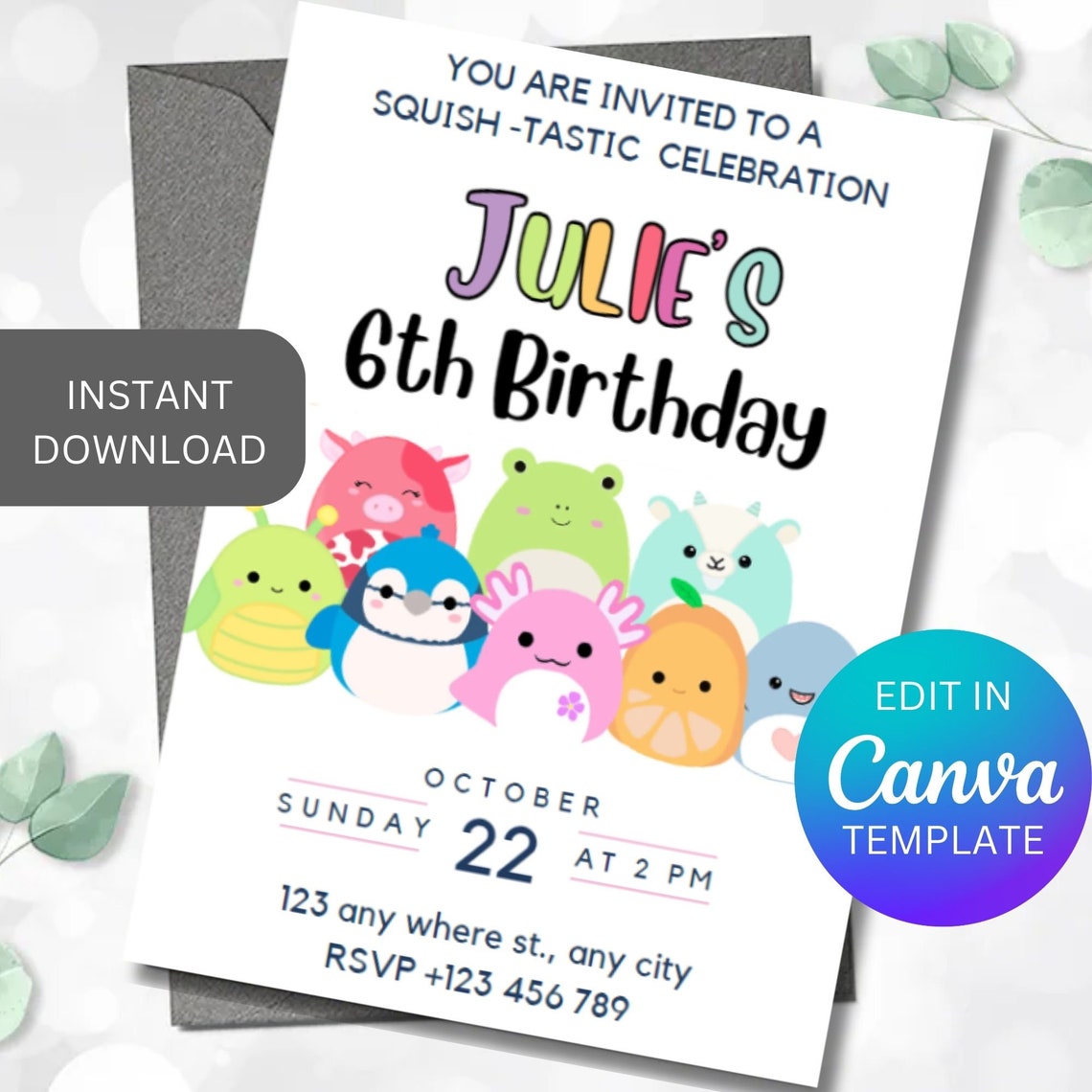 Squishmallows Birthday Invitation Editable Template - Customizable ...