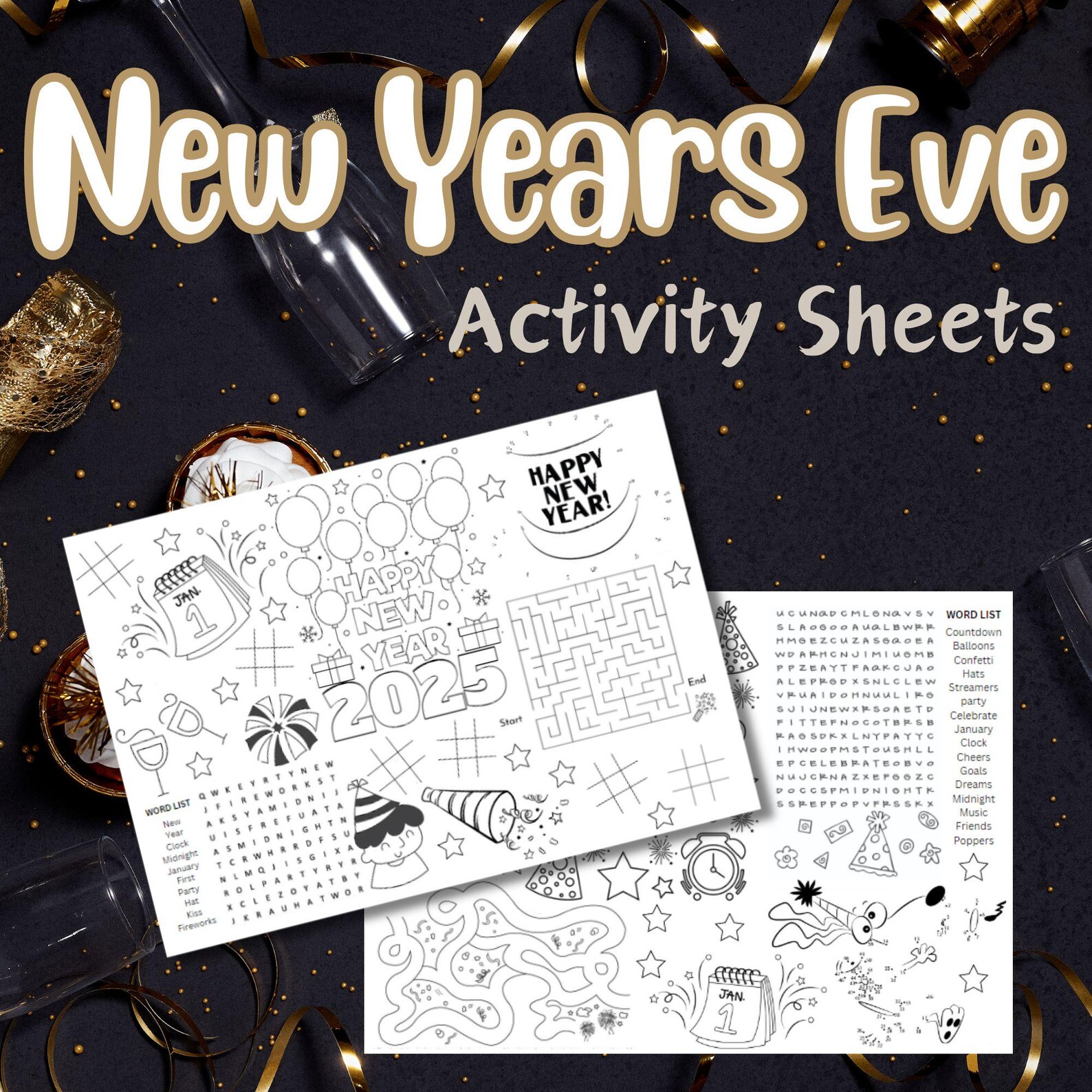 New Years Eve 2025 Printable Activity Sheet, Tic Tac Toe, Maze, Word ...