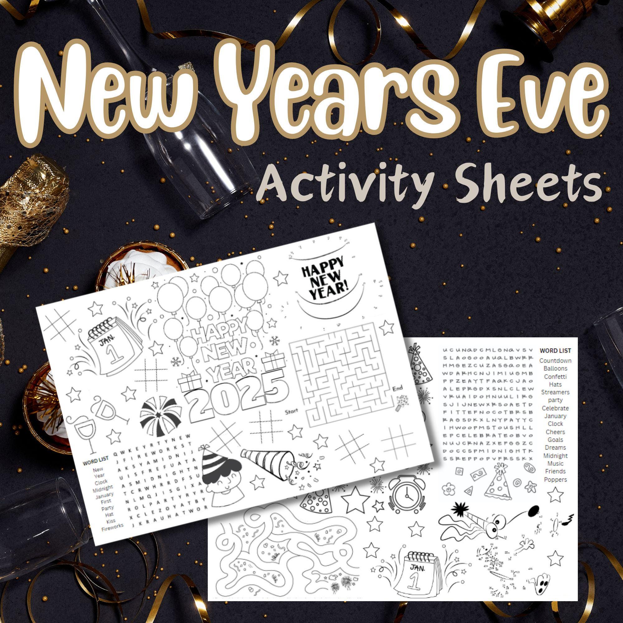 New Years Eve 2025 Printable Activity Sheet, Tic Tac Toe, Maze, Word ...