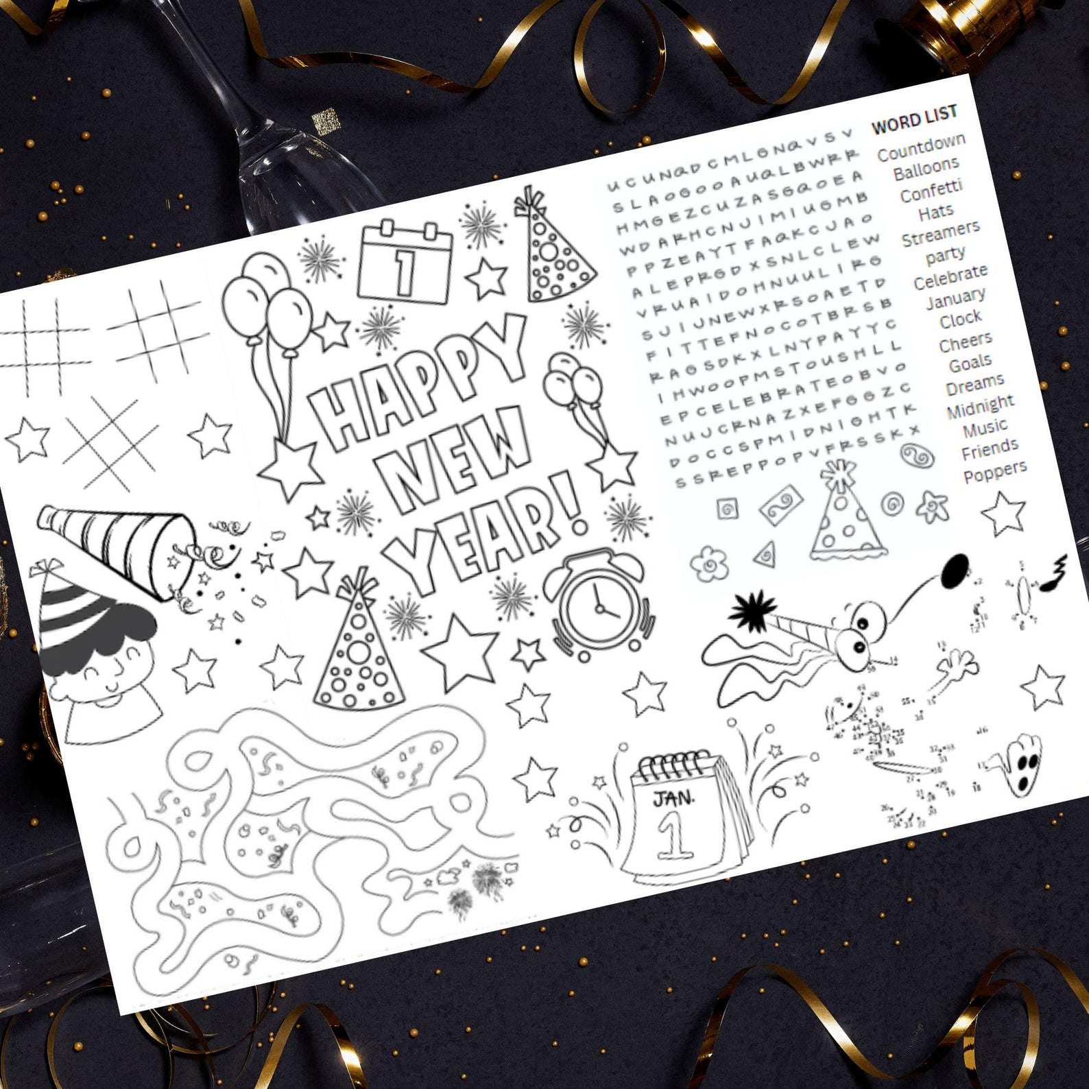 New Years Eve 2025 Printable Activity Sheet, Tic Tac Toe, Maze, Word ...