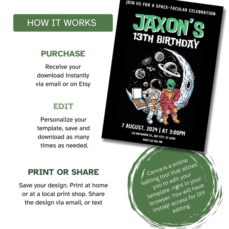 Outer Space Pizza Birthday Invitation, Editable, Galaxy, Planets ...