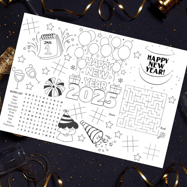 New Years Eve 2025 Printable Activity Sheet, Tic Tac Toe, Maze, Word ...