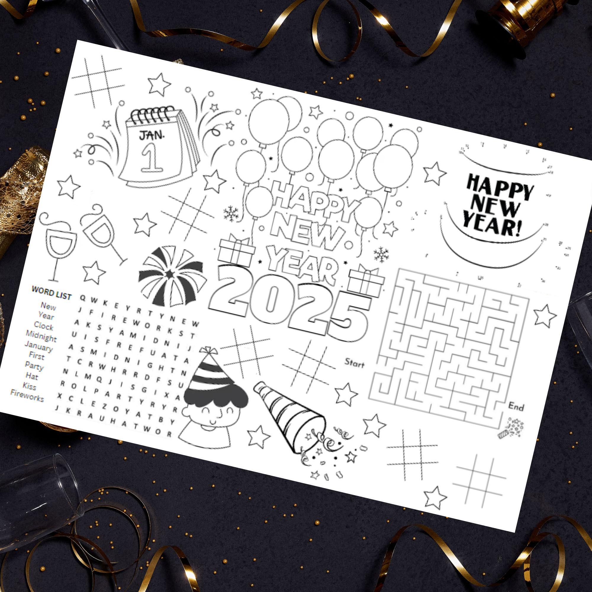 New Years Eve 2025 Printable Activity Sheet, Tic Tac Toe, Maze, Word ...