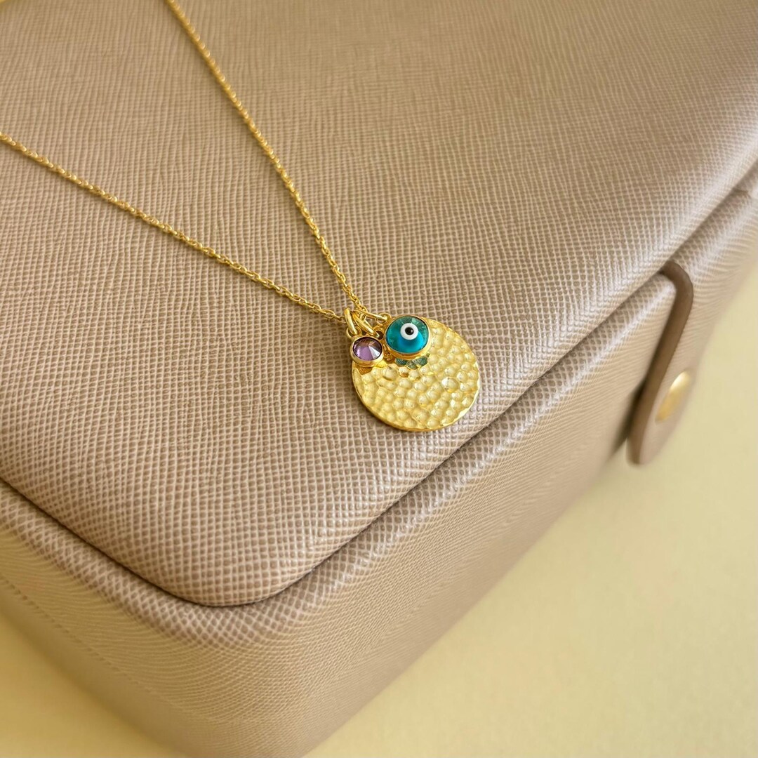 Custom Timeless Round Evil Eye Disc Necklace, Silver Birthstone ...