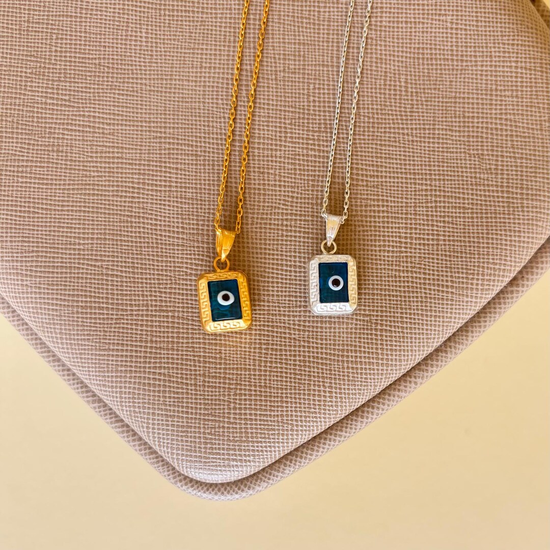 Vintage Rectangle Evil Eye Necklace, Protection Necklace, Good Luck Necklace, Evil Eye Jewelry ...