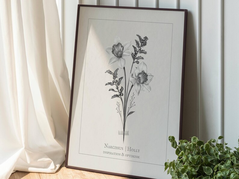 December Birth Flower Bouquet | Narcissus & Holly | Digital Art for ...