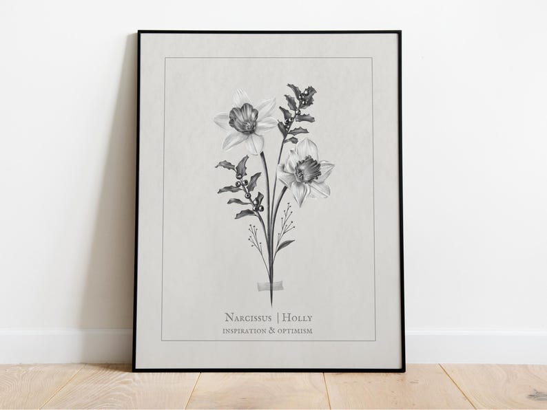 December Birth Flower Bouquet | Narcissus & Holly | Digital Art for ...