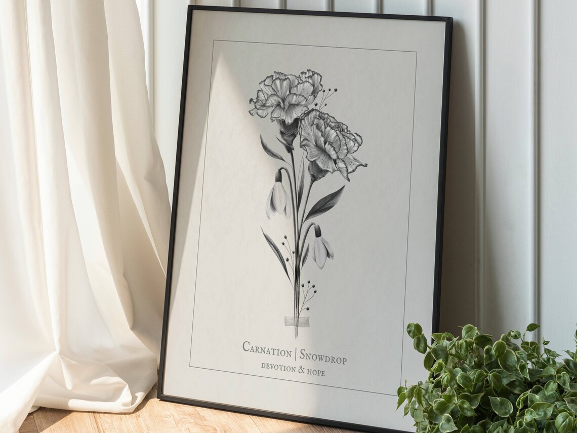 January Birth Flower Bouquet | Carnations and Snowdrops | Digital Art ...