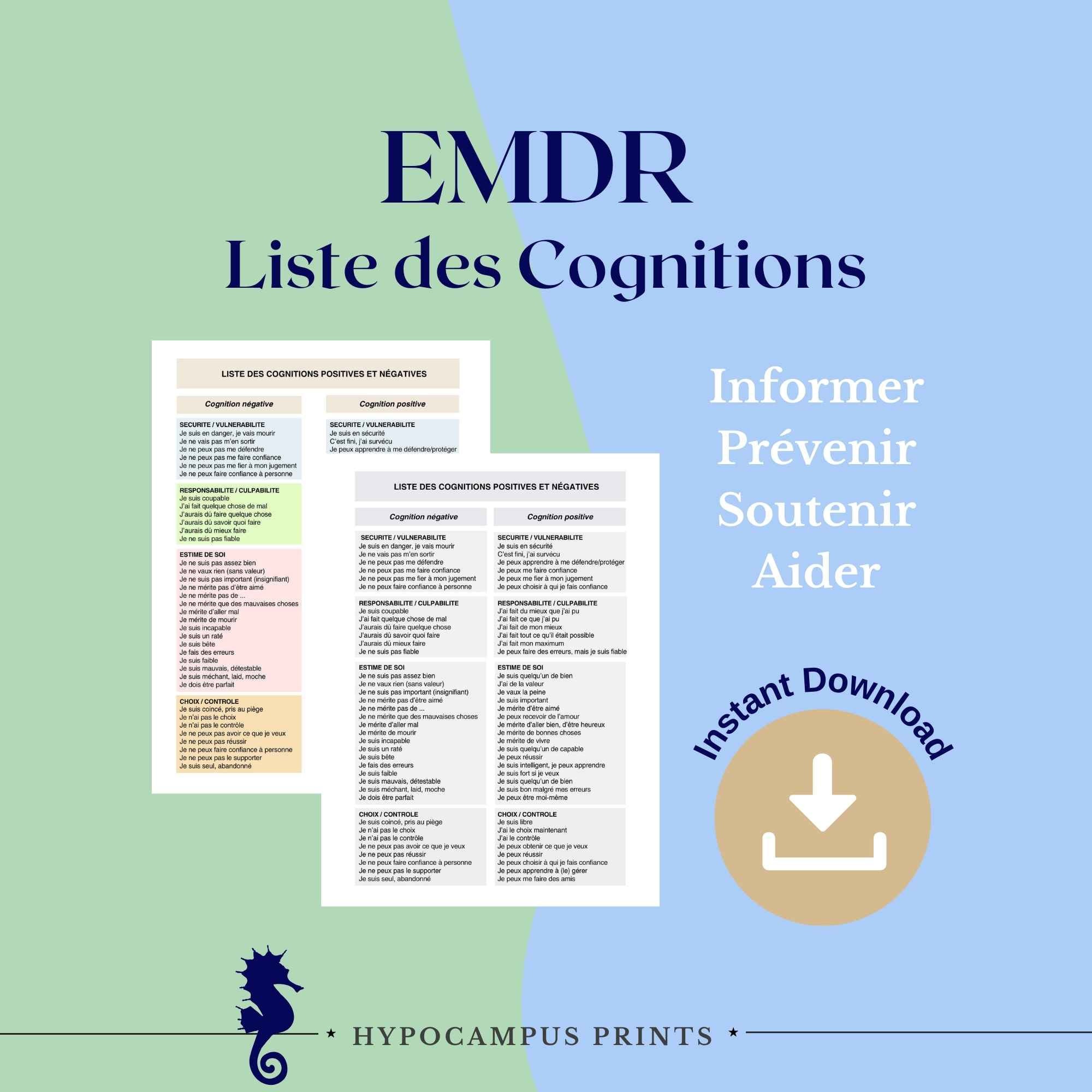EMDR List of Positive Negative Cognitions, Trauma Treatment, PTSD ...