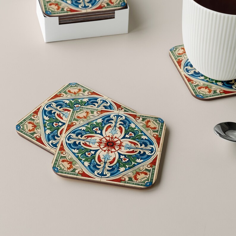 Blue Tile Stone Coaster, Vintage Home Decor, Stone Coasters Set ...