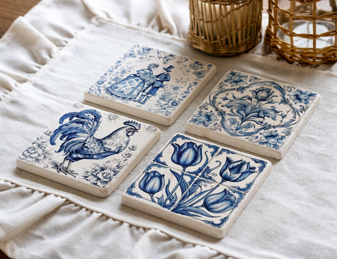 White and Blue Delft Ceramic Tile Stone Coaster, Tiles Delft Blue ...