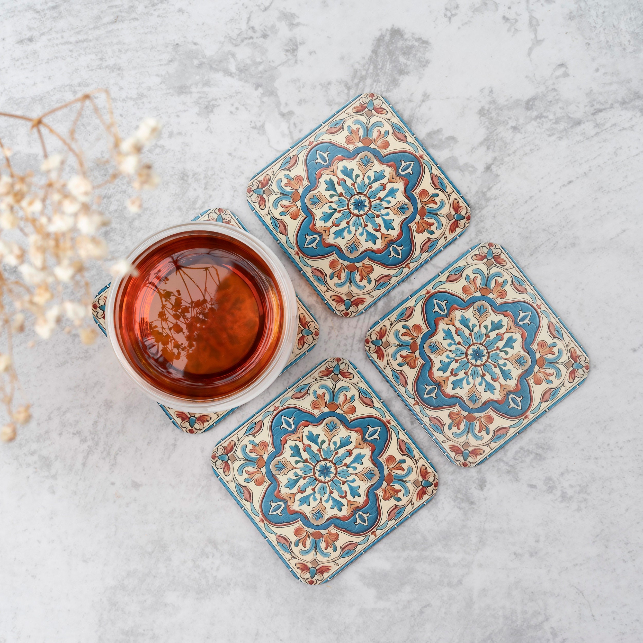 Blue Tile Stone Coaster, Vintage Home Decor, Stone Coasters Set ...