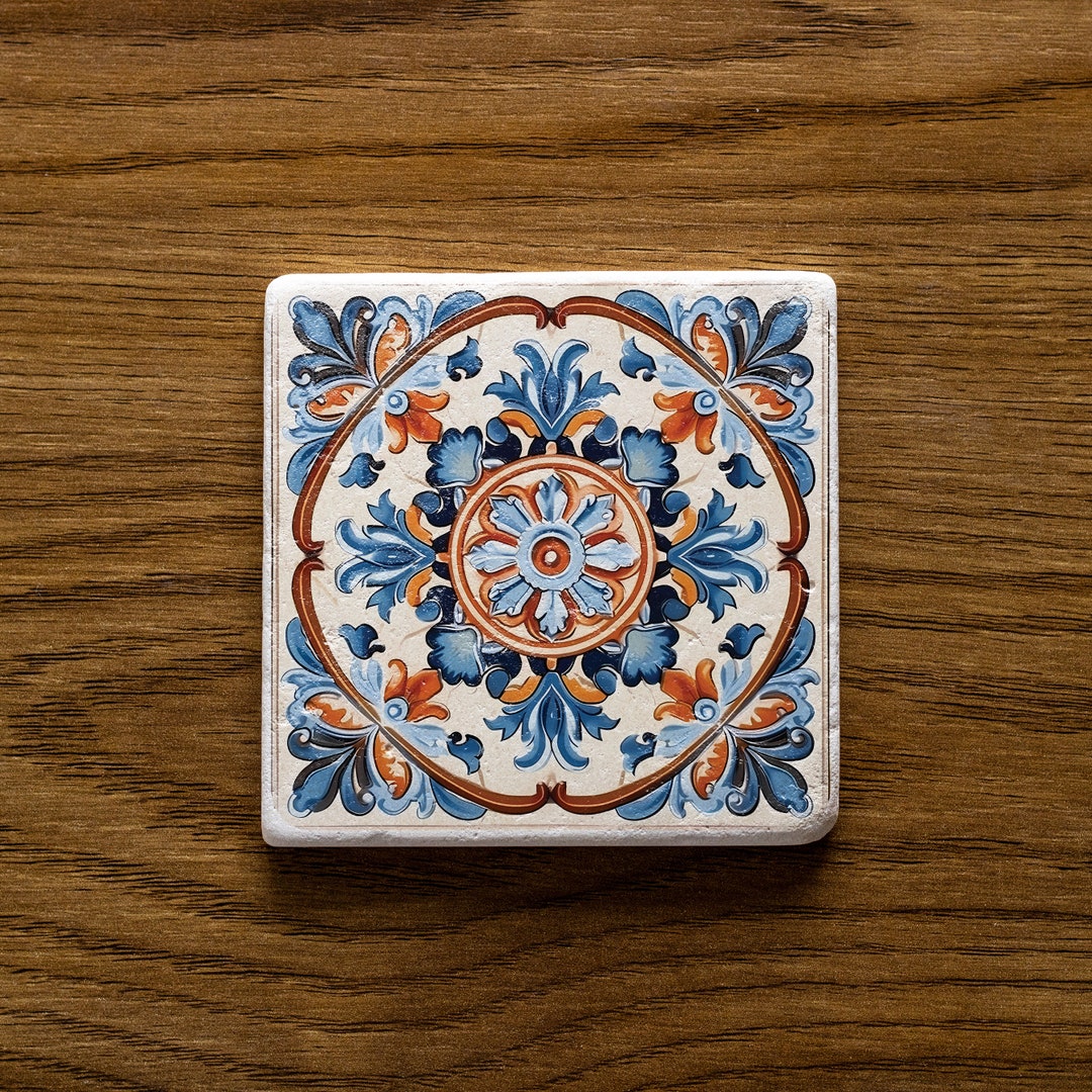 Blue Tile Stone Coaster, Vintage Home Decor, Stone Coasters Set ...