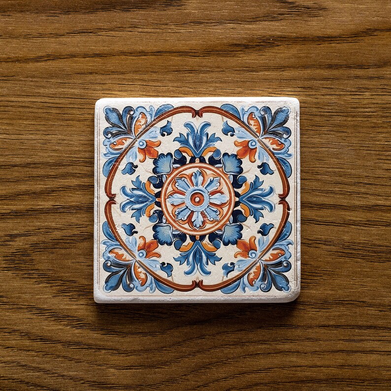 Blue Tile Stone Coaster, Vintage Home Decor, Stone Coasters Set ...