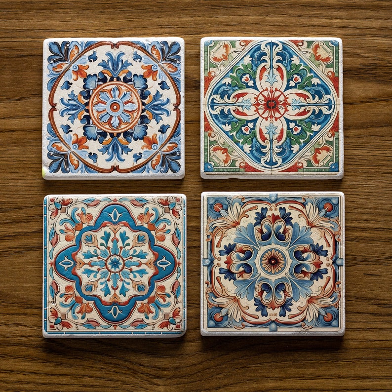 Blue Tile Stone Coaster, Vintage Home Decor, Stone Coasters Set ...