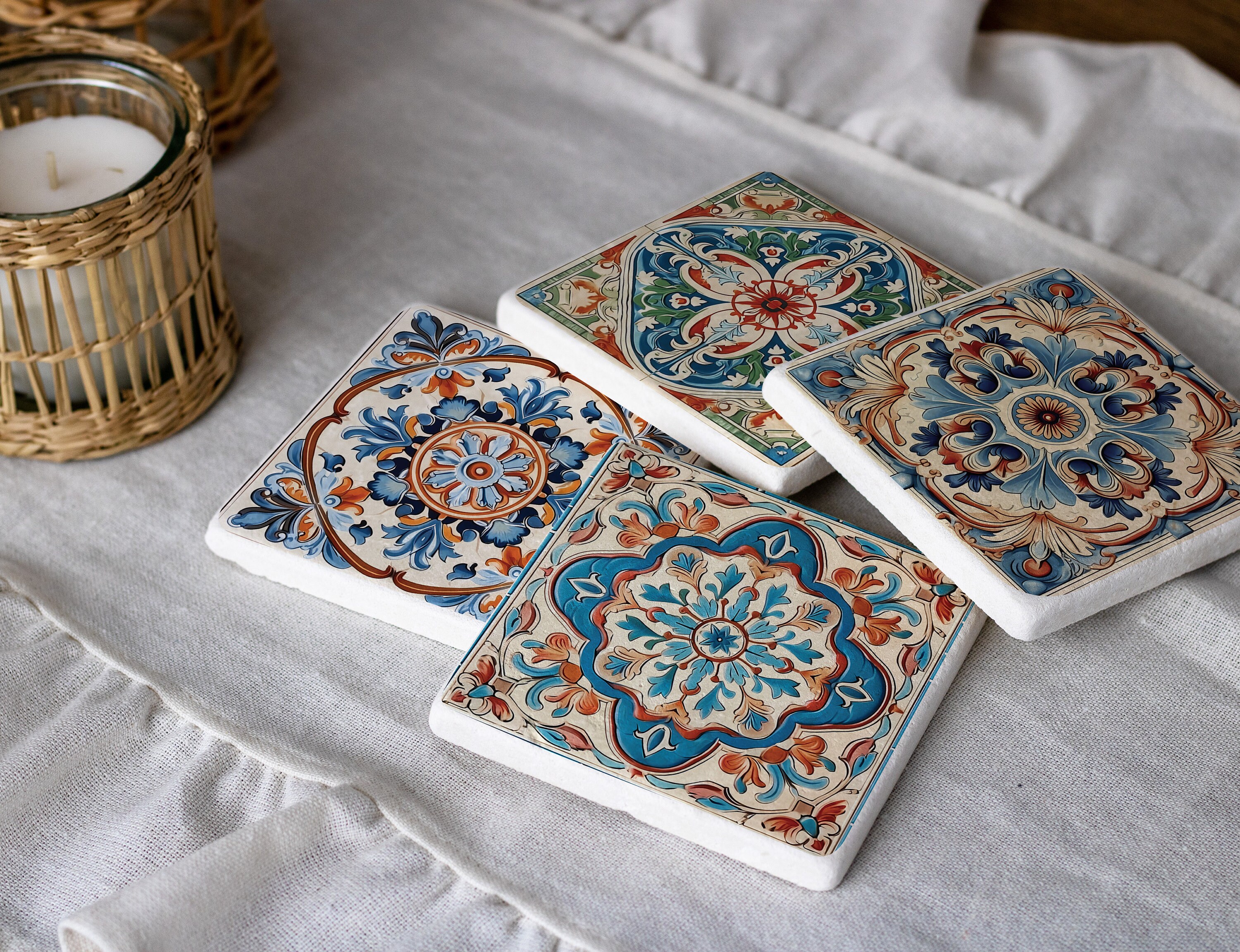 Blue Tile Stone Coaster, Vintage Home Decor, Stone Coasters Set ...