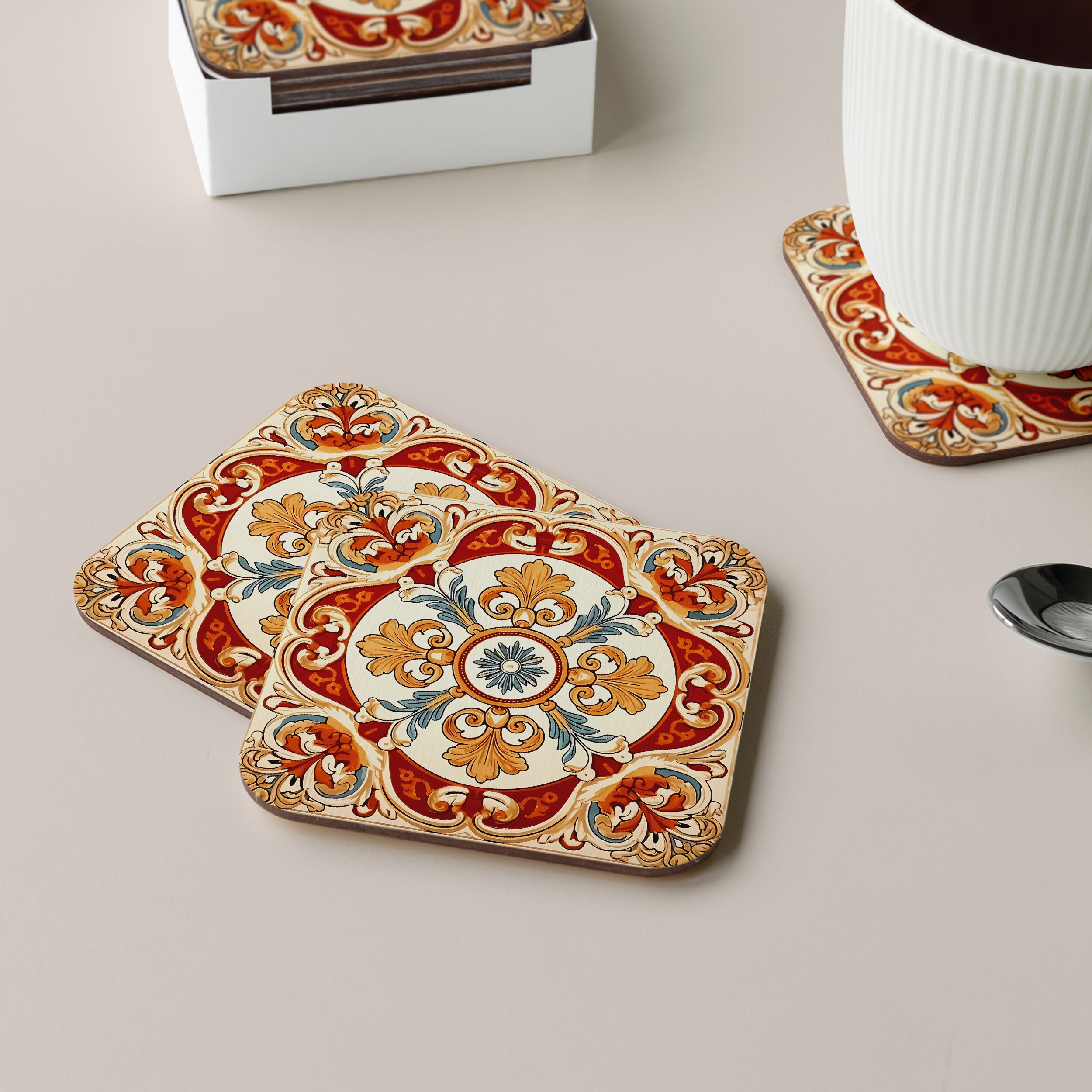 Tile Design Stone Coaster Set, Mexican Talavera Tile, Vintage Decor ...