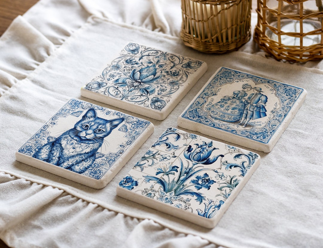 Ceramic Blue Delft Set of 4, White and Blue Delft Tile Stone Coaster ...