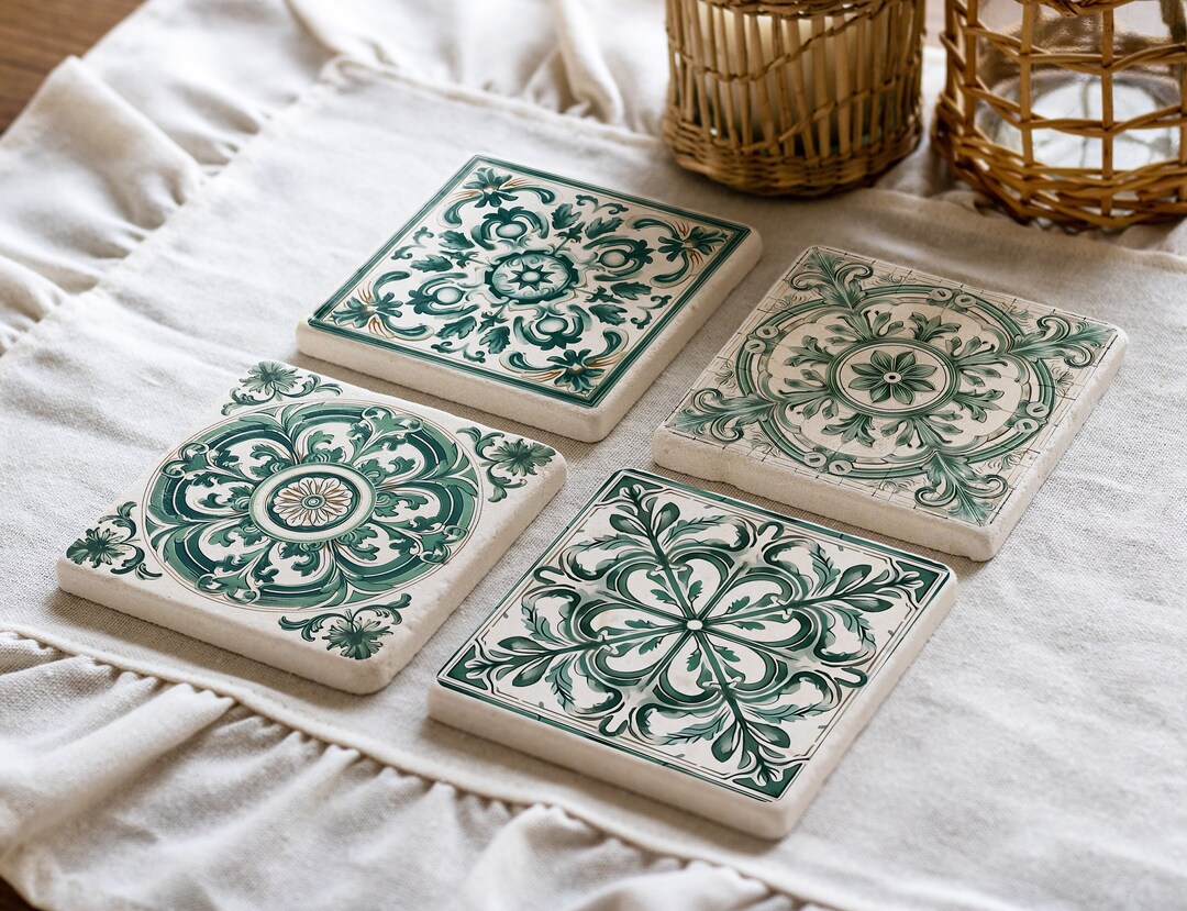 Green Vintage Tile Design Stone Coaster, Mexican Tile, Handmade ...