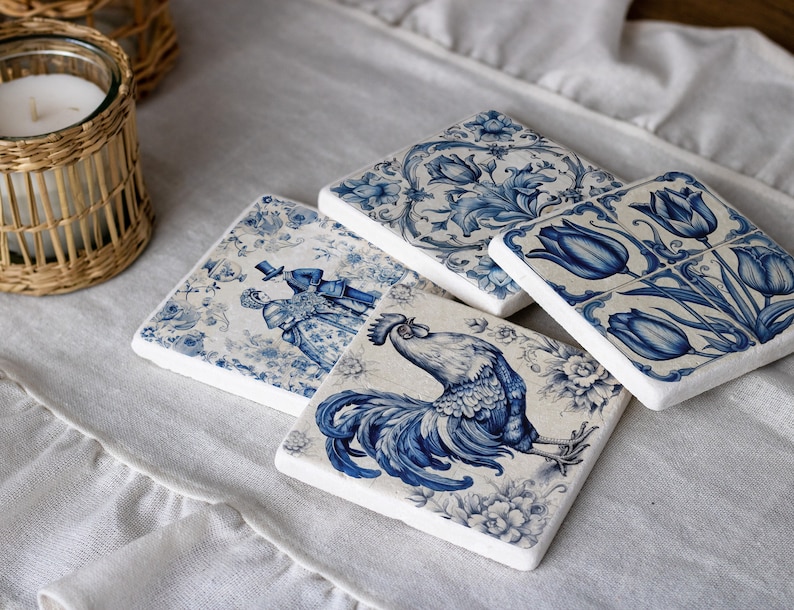 White and Blue Delft Ceramic Tile Stone Coaster, Tiles Delft Blue ...
