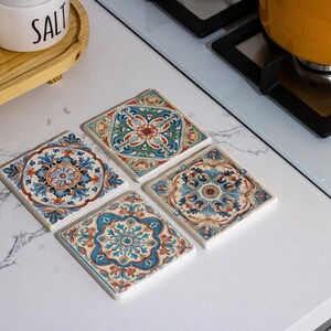 Blue Tile Stone Coaster, Vintage Home Decor, Stone Coasters Set ...