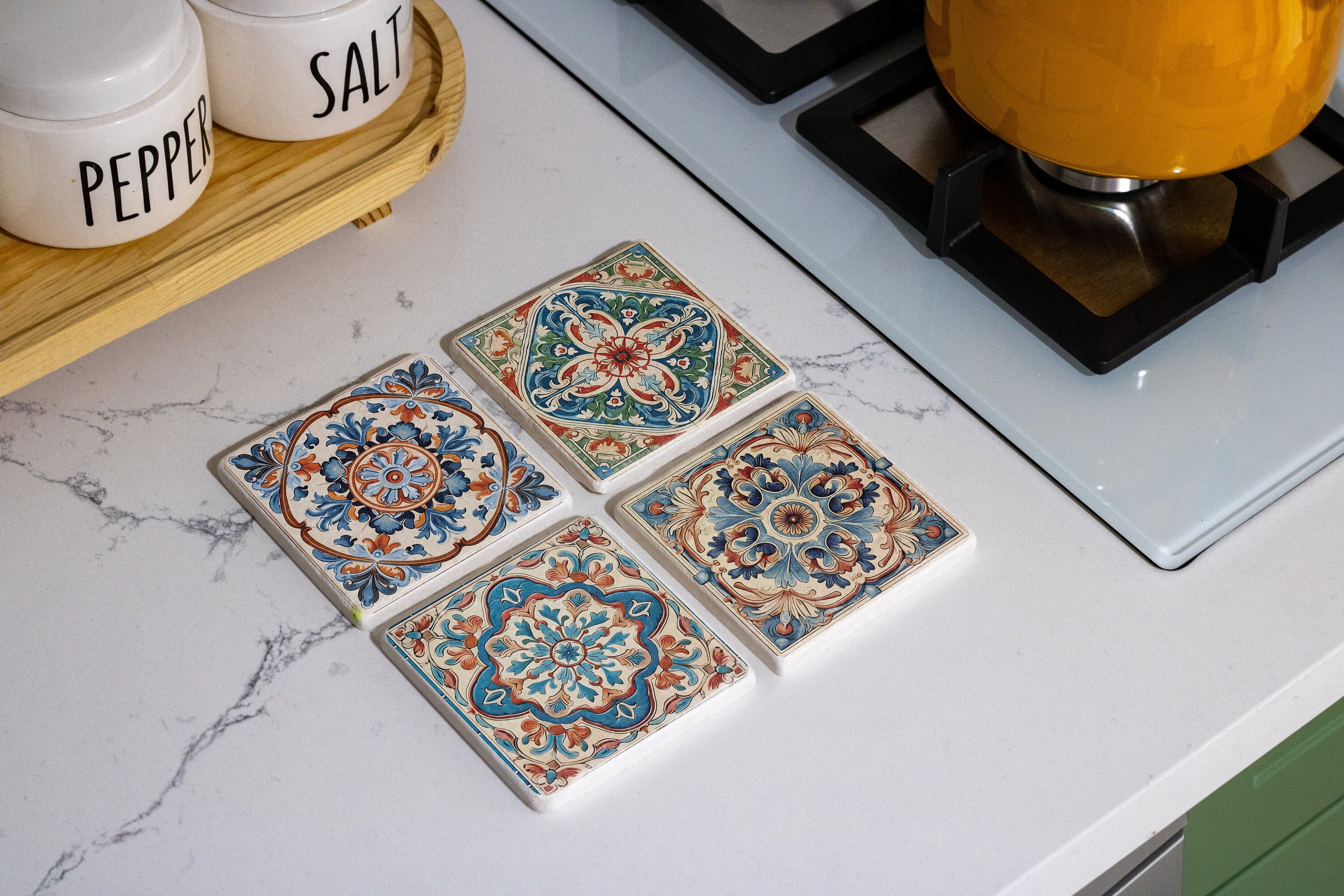 Blue Tile Stone Coaster, Vintage Home Decor, Stone Coasters Set ...