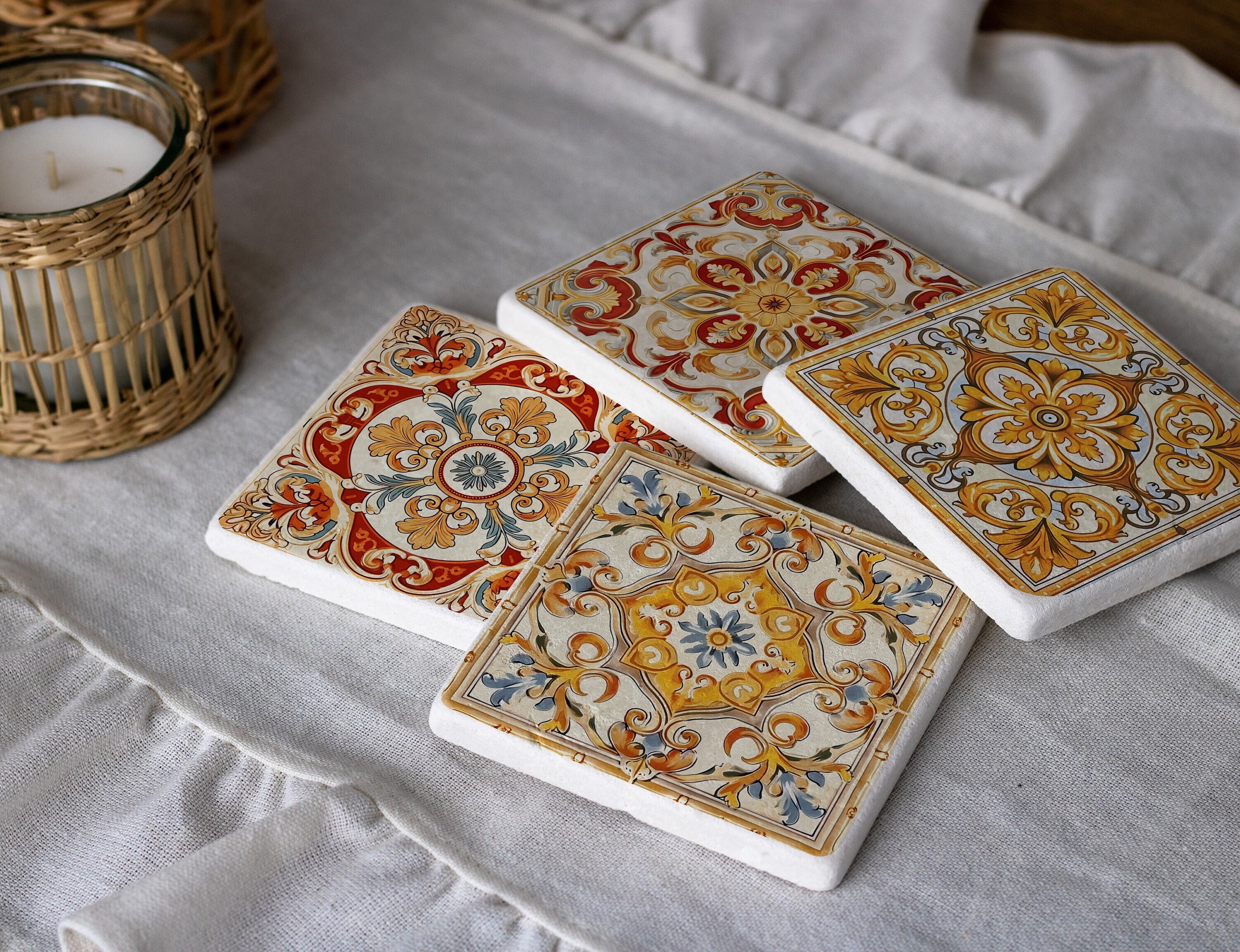 Tile Design Stone Coaster Set, Mexican Talavera Tile, Vintage Decor ...