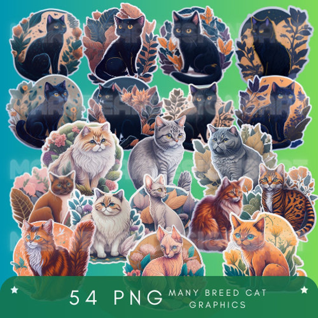 Cat Sticker PNG Pack, Many Breed Cat Sticker Set, Cute Animal Clipart ...