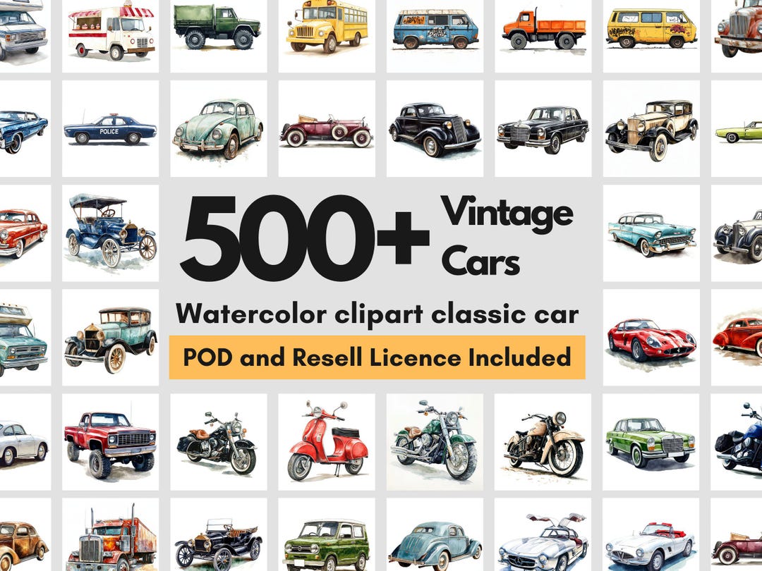 500 Vintage Classic Watercolor Cars & Motorcycles Clipart – Printable ...