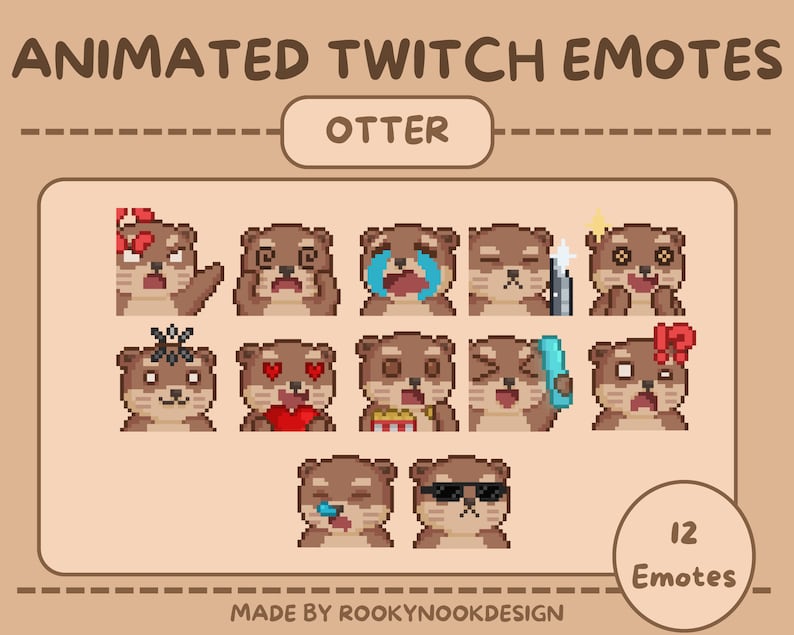 12 Animated Otter Emotes in 8bit Pixel Twitch Emote Pack for Streamers ...