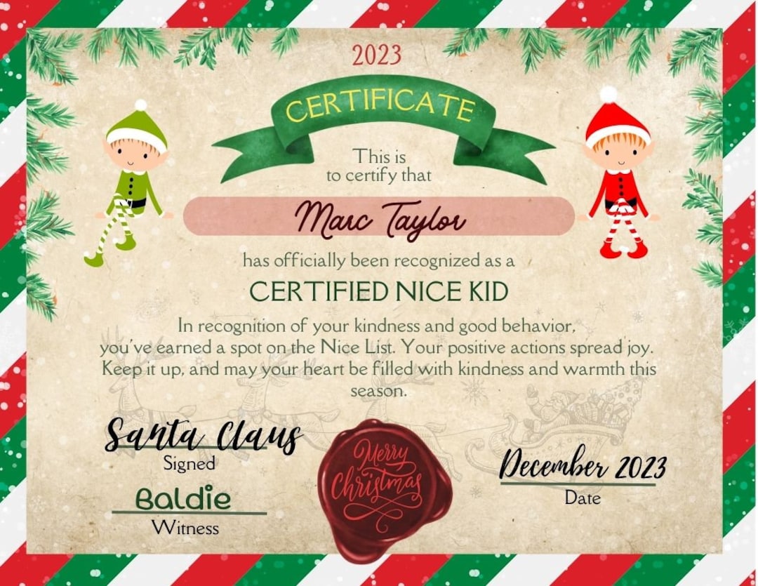 Elf - Certified Nice Kid - Printable PDF / JPG / PNG - Etsy