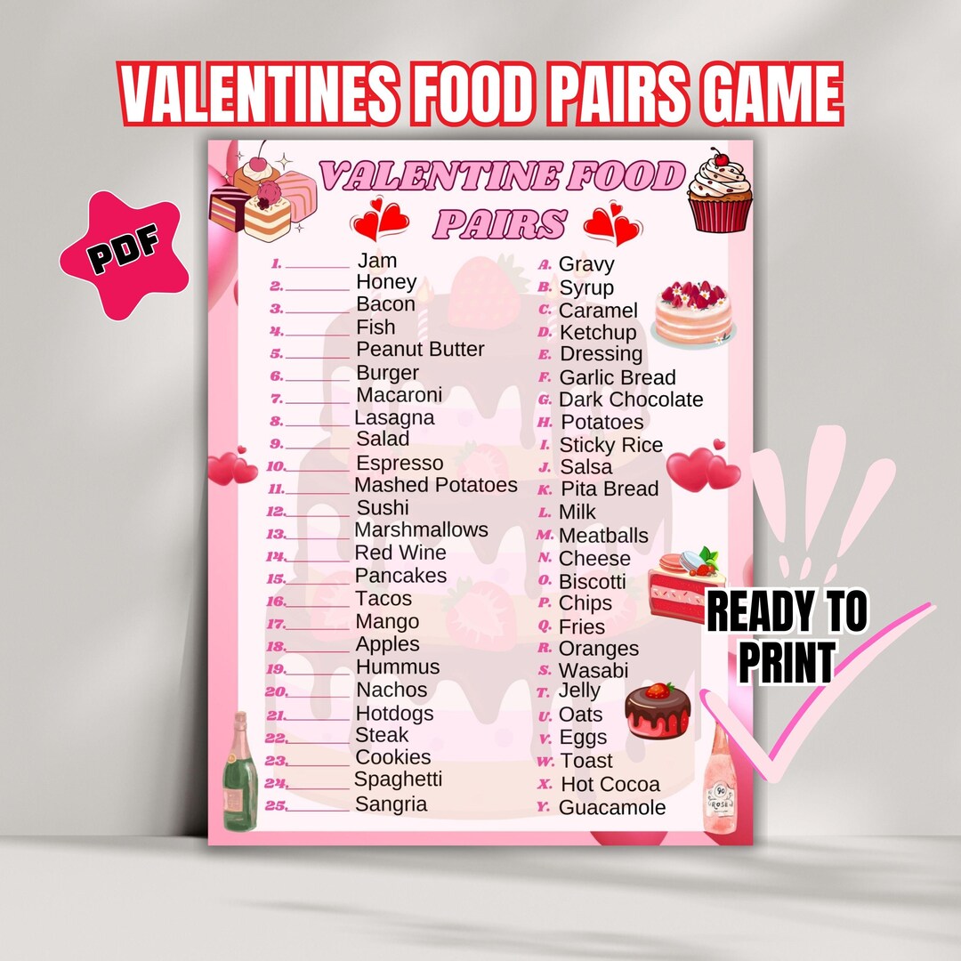 Valentine’s Day Food Pairs Game, Class Valentine Game, Valentines Day ...