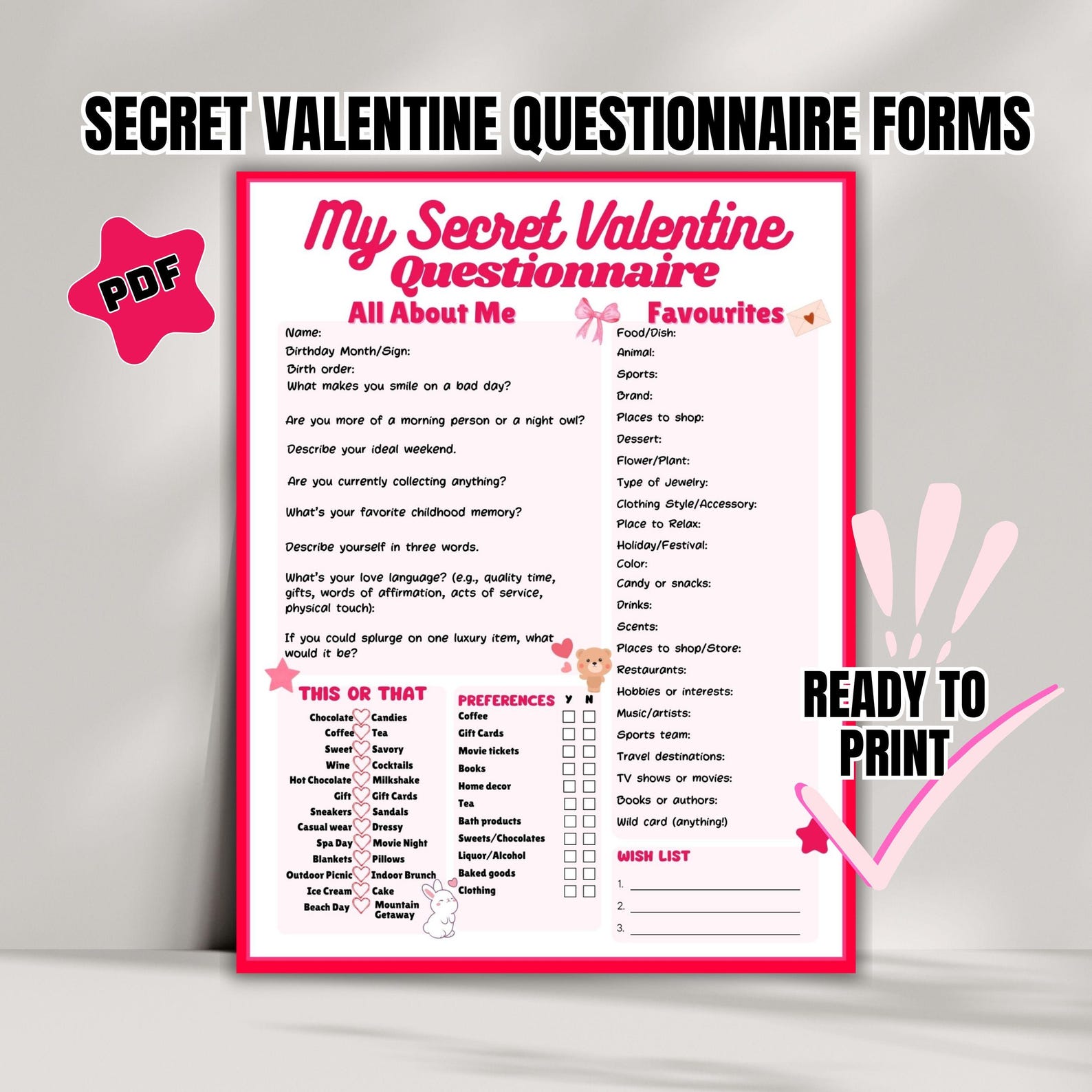Secret Valentine Survey Questionnaire, Valentine’s Day Gift Exchange ...