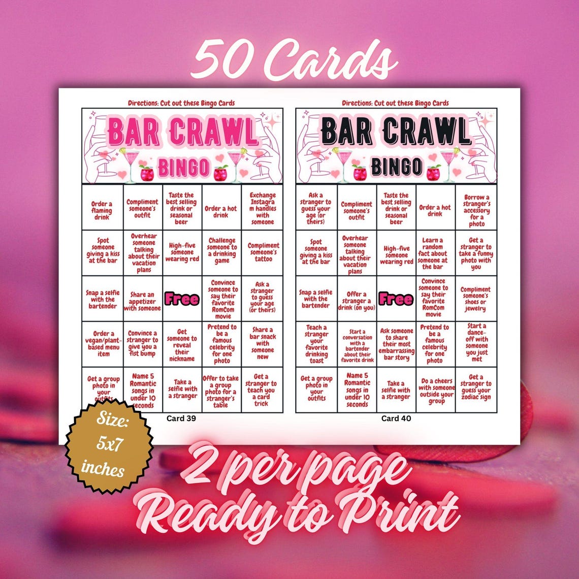 Bar Crawl Bingo: 50 Printable Cards, Drink or Dare Game (digital ...