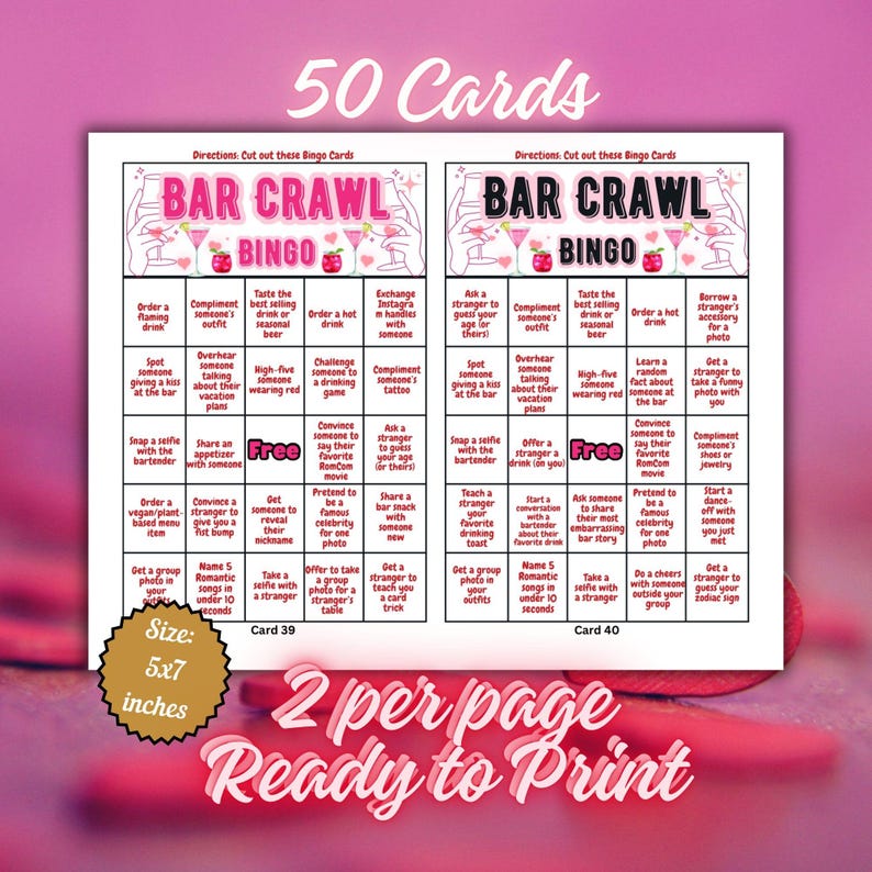 Bar Crawl Bingo: 50 Unique Printable Cards (digital Download) Girls ...