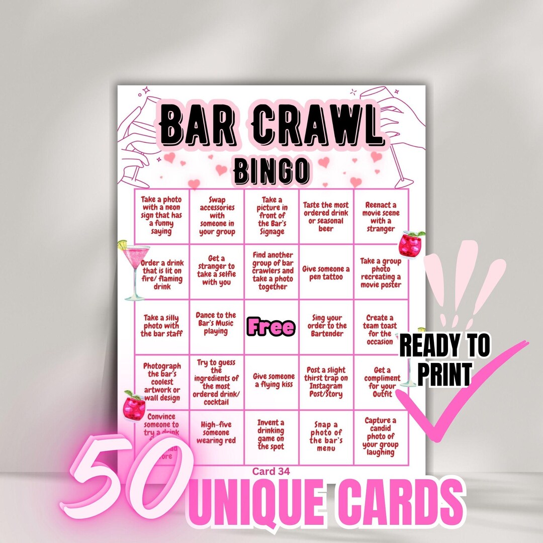 Bar Crawl Bingo Printable, Bar Crawl Games Printable, Birthday Bar Crawl Activity, Cruise Bar ...