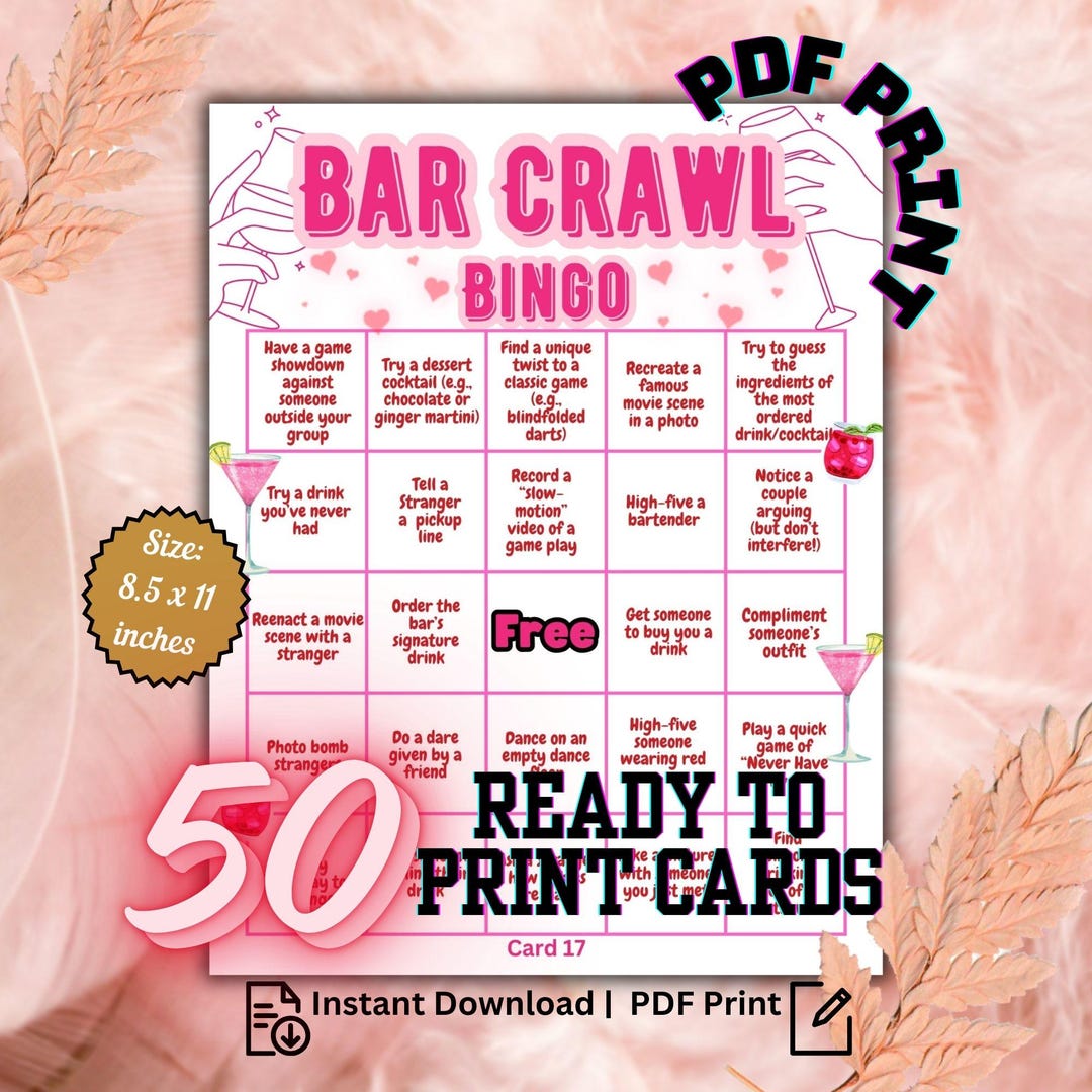 Bar Crawl Bingo: 50 Printable Drinking Game Cards (PDF Print) Bar ...