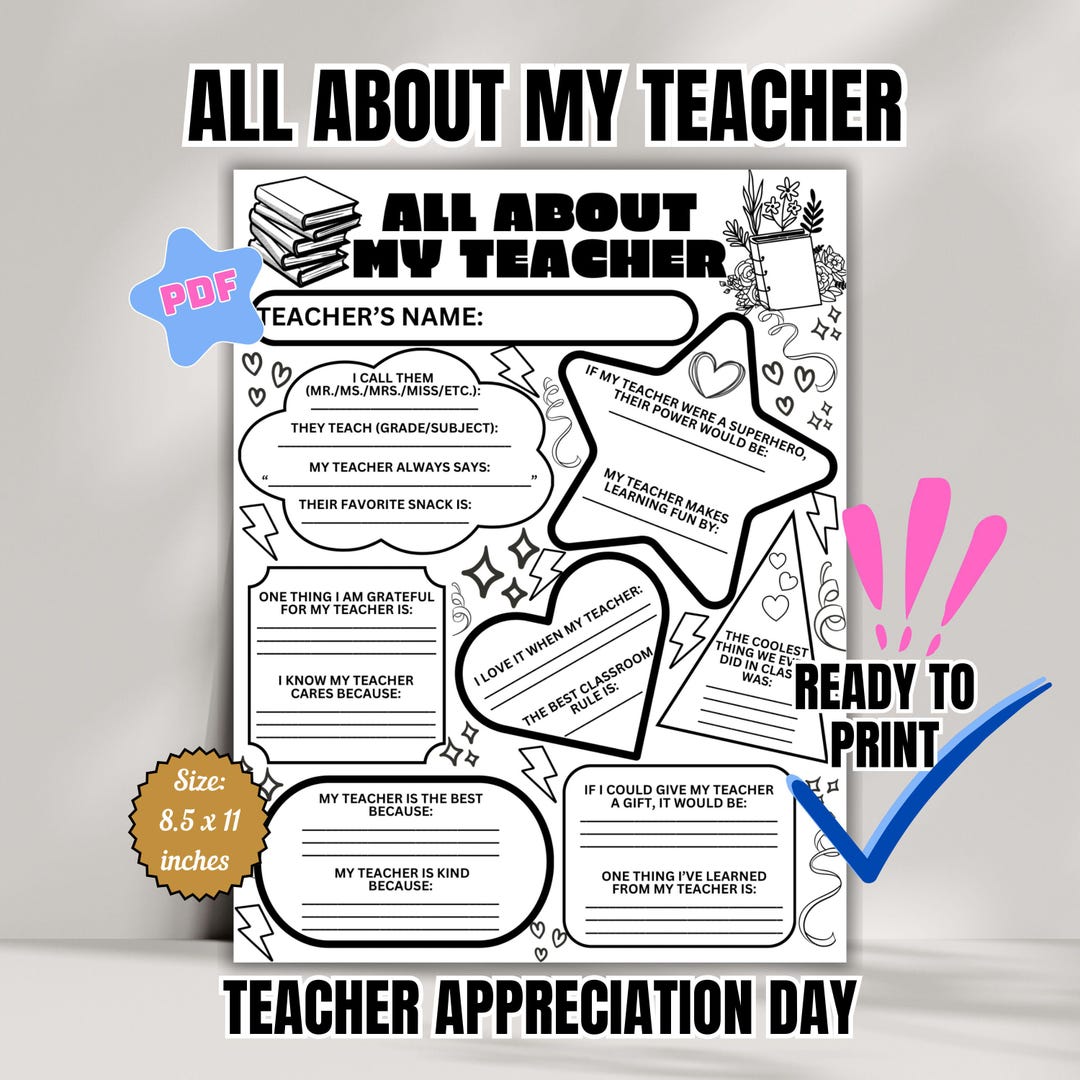 Teacher Appreciation Printable: All About My Teacher Questionnaire (PDF ...