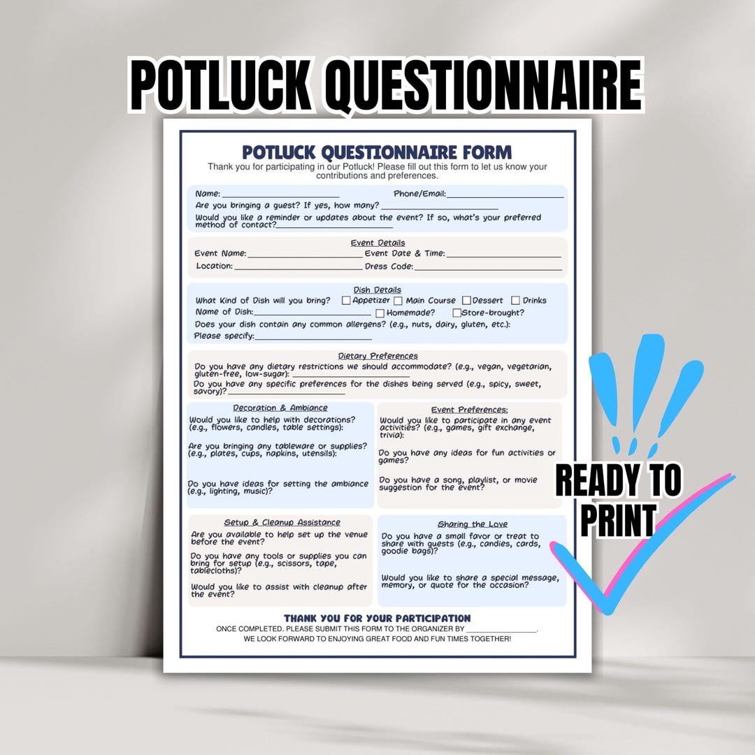 Printable Potluck Planner: Questionnaire, Sign-up & Committee Forms ...