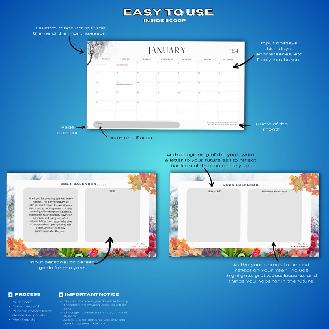 2024 Digital Calendar by Bin | Monthly Digital Planner | Self Motivation Reflection Calendar ...