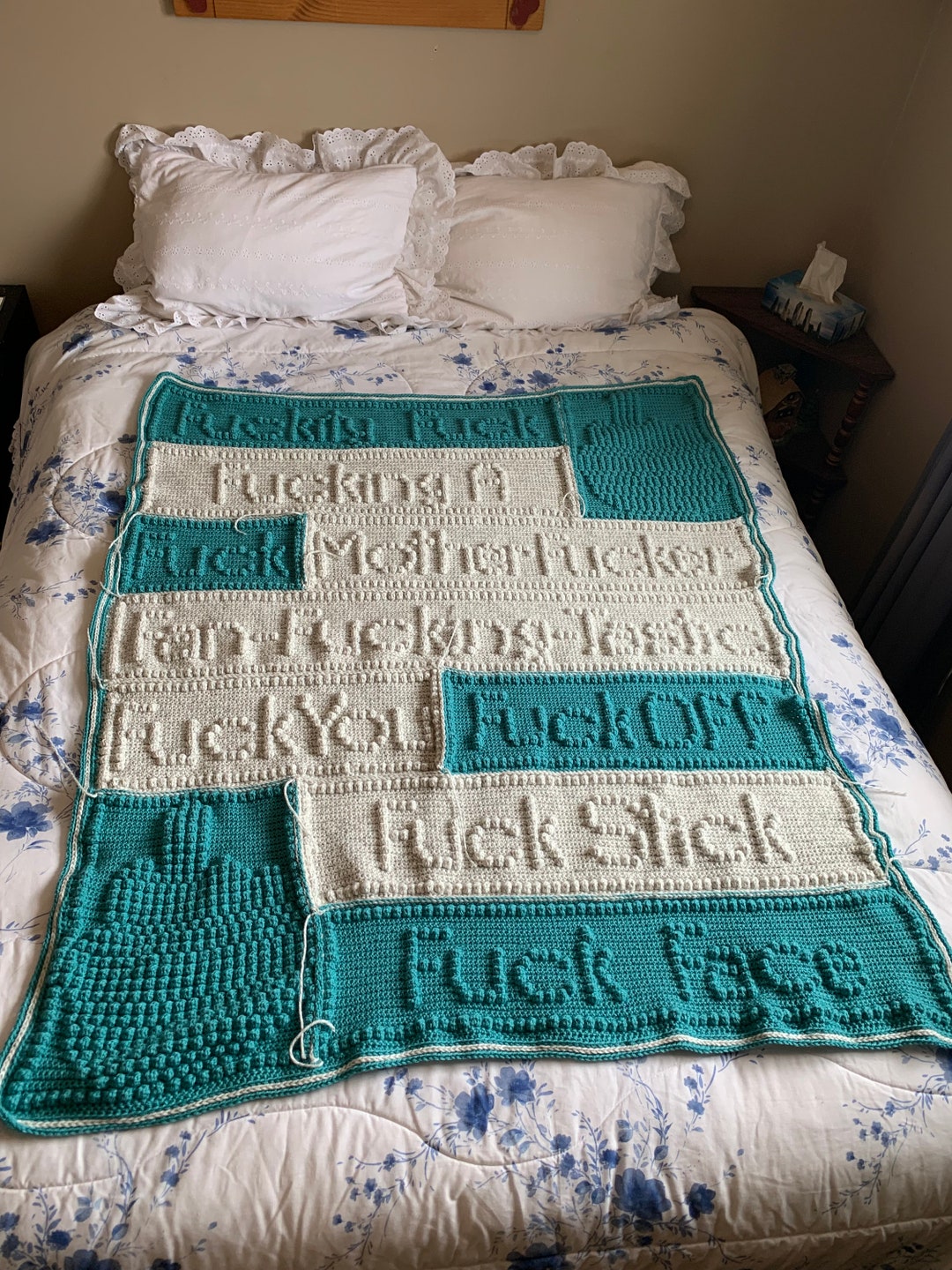 Cuss Word Blanket, Fck Blanket, Crochet Afghan, Grey & Teal Afghan - Etsy