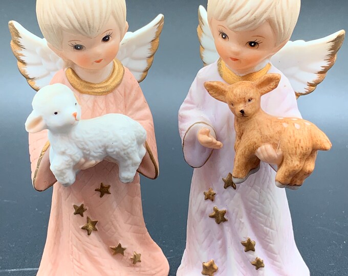 Vintage Lefton China Angel Figurines, Angel With Lamb, Angel With Fawn ...
