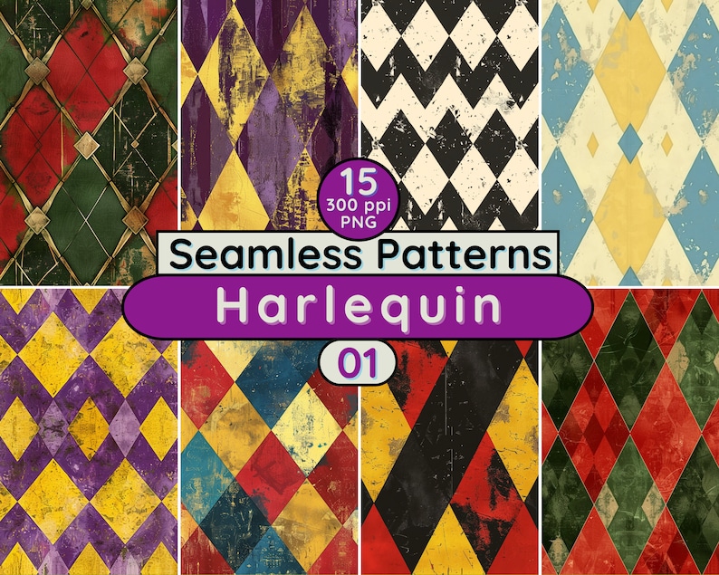 Vintage Carnival Harlequin Seamless Patterns: 15 PNG Backgrounds ...
