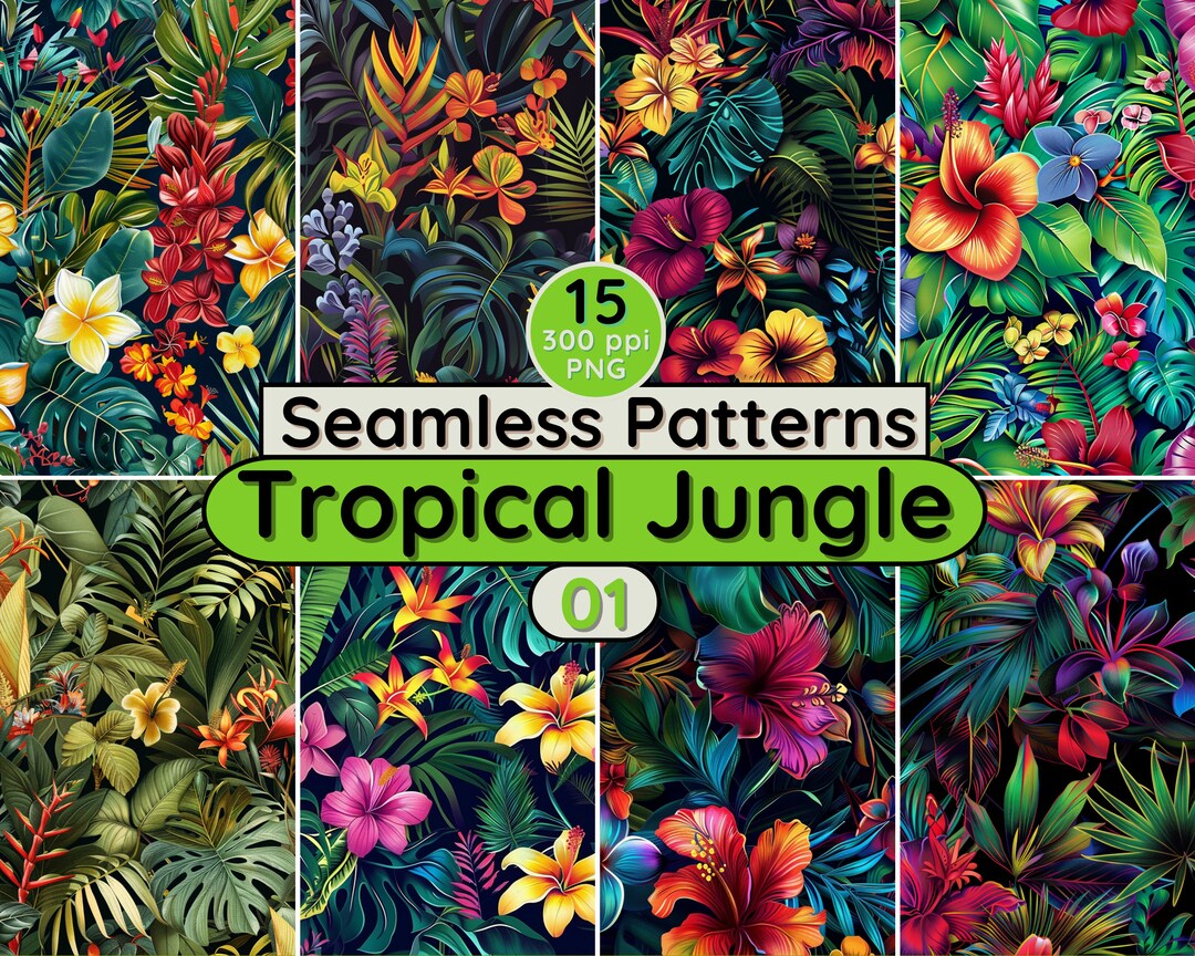 Tropical Jungle Seamless Patterns Nature Floral Flowers Leaves Foliage Rainforest Forest ...
