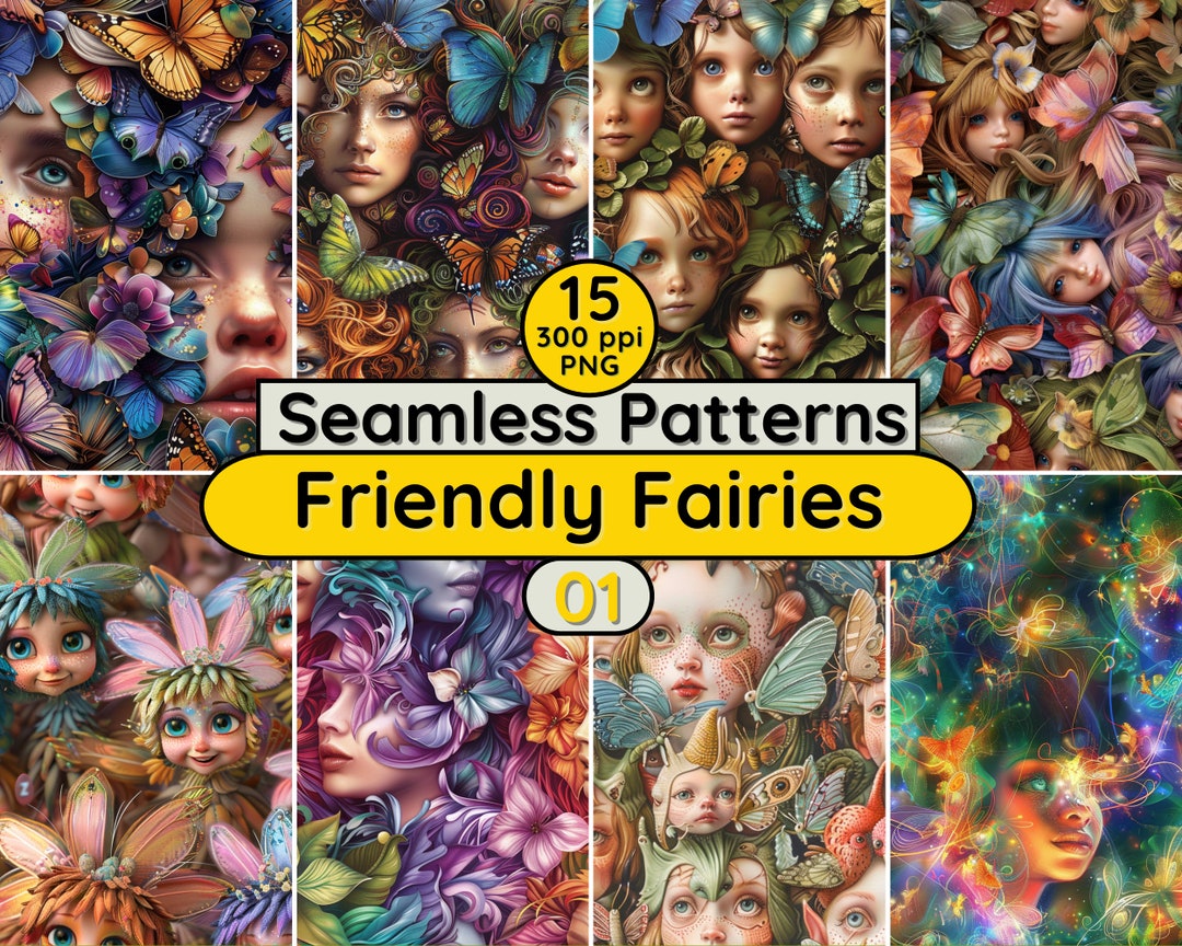 Friendly Fairies Seamless Patterns: Whimsical PNG Backgrounds (digital ...