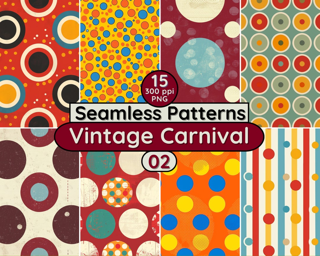 Vintage Carnival Seamless Patterns: Polka Dots, Stripes (PNG Digital ...