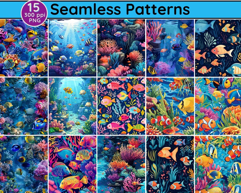 Seamless Patterns Under the Sea Corals Fish PNG Background Instant ...
