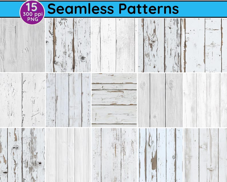 White Painted Wood Seamless Patterns: Farmhouse Digital Textures (PNG ...